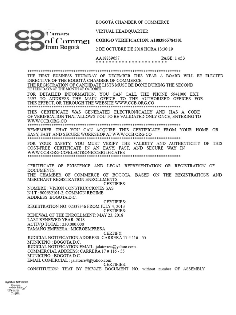 Certificate of Existence and Legal Representation of A Simplified Joint ...