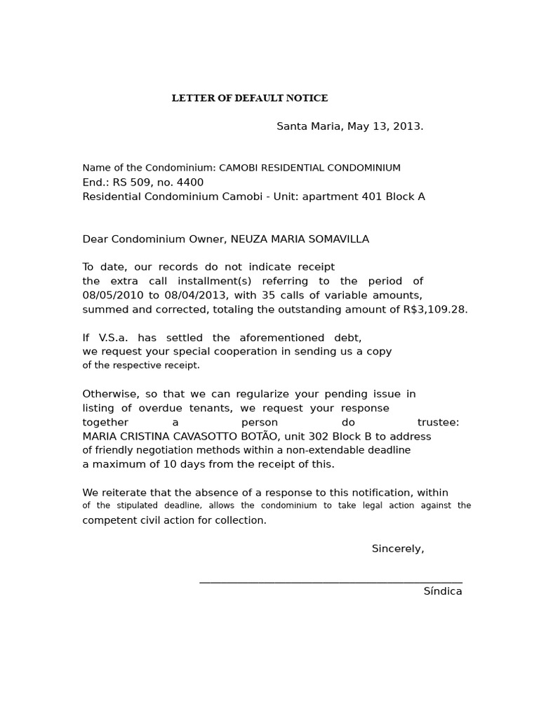 NOTICE OF DEFAULT LETTER | PDF