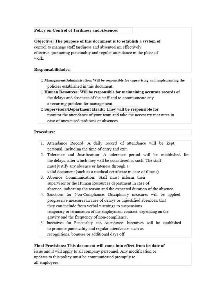 Tardiness and Absence Control Policy | PDF | Regulatory Compliance ...