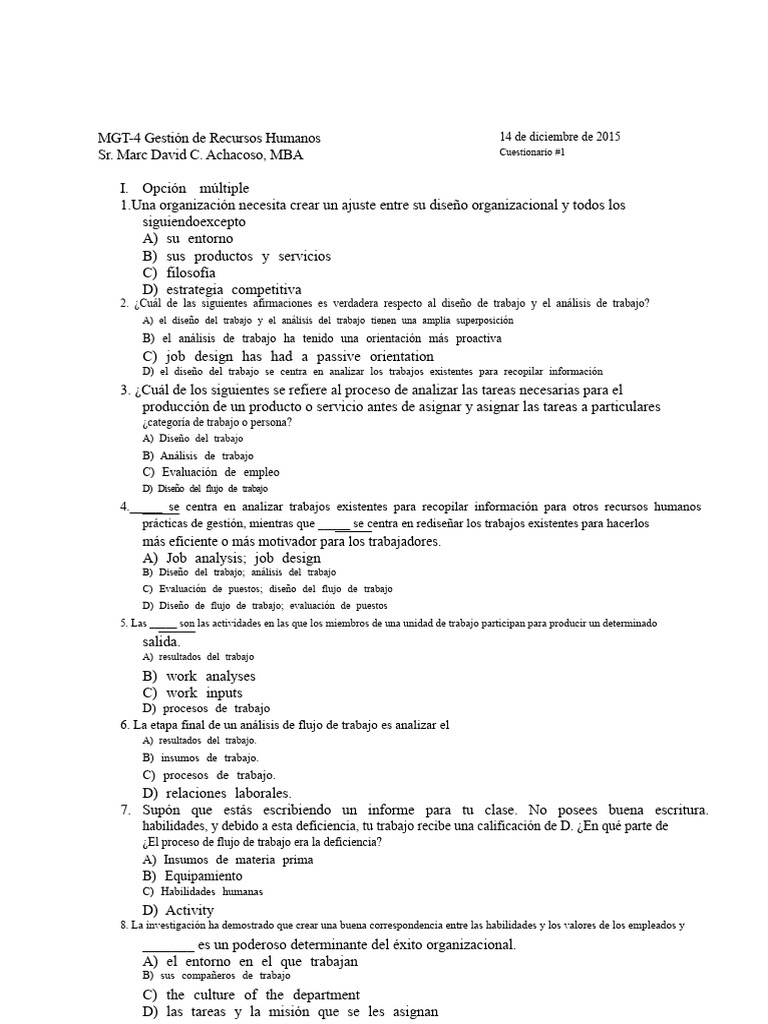 RRHH Q1 AY 15-16 (Capítulo 1 y 4) | PDF | Gestión de recursos humanos | Business