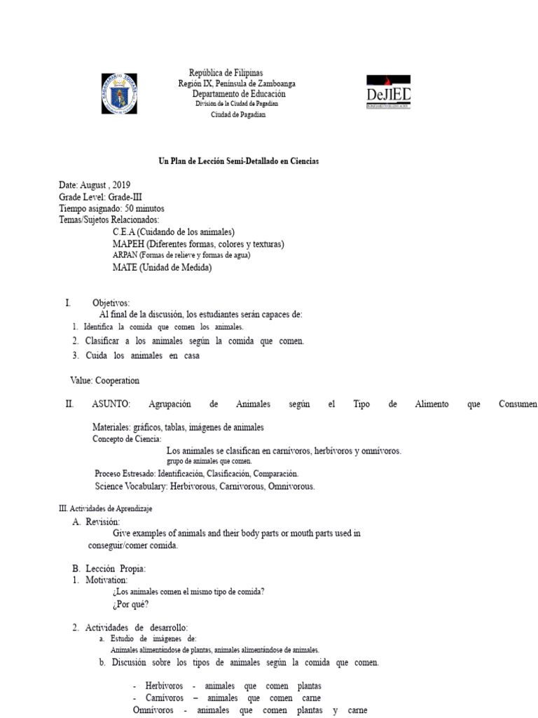 Plan de Lección sobre Clasificación de Animales | PDF | Biología | Zoología