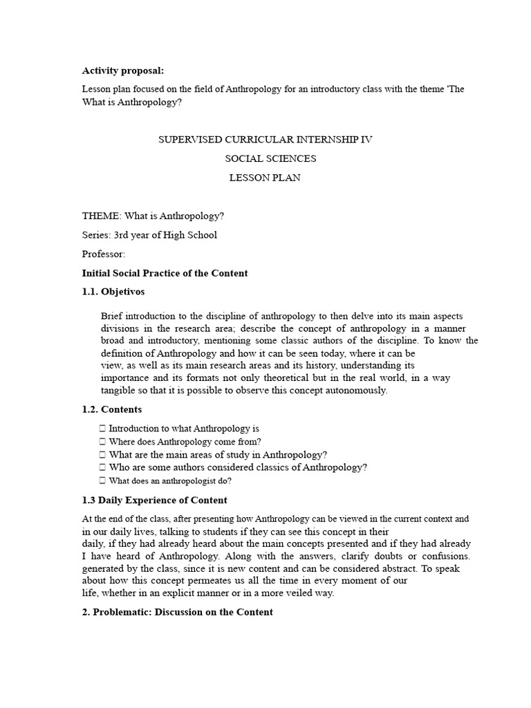 Intro to Anthropology Lesson Plan | PDF | Anthropology | Concept