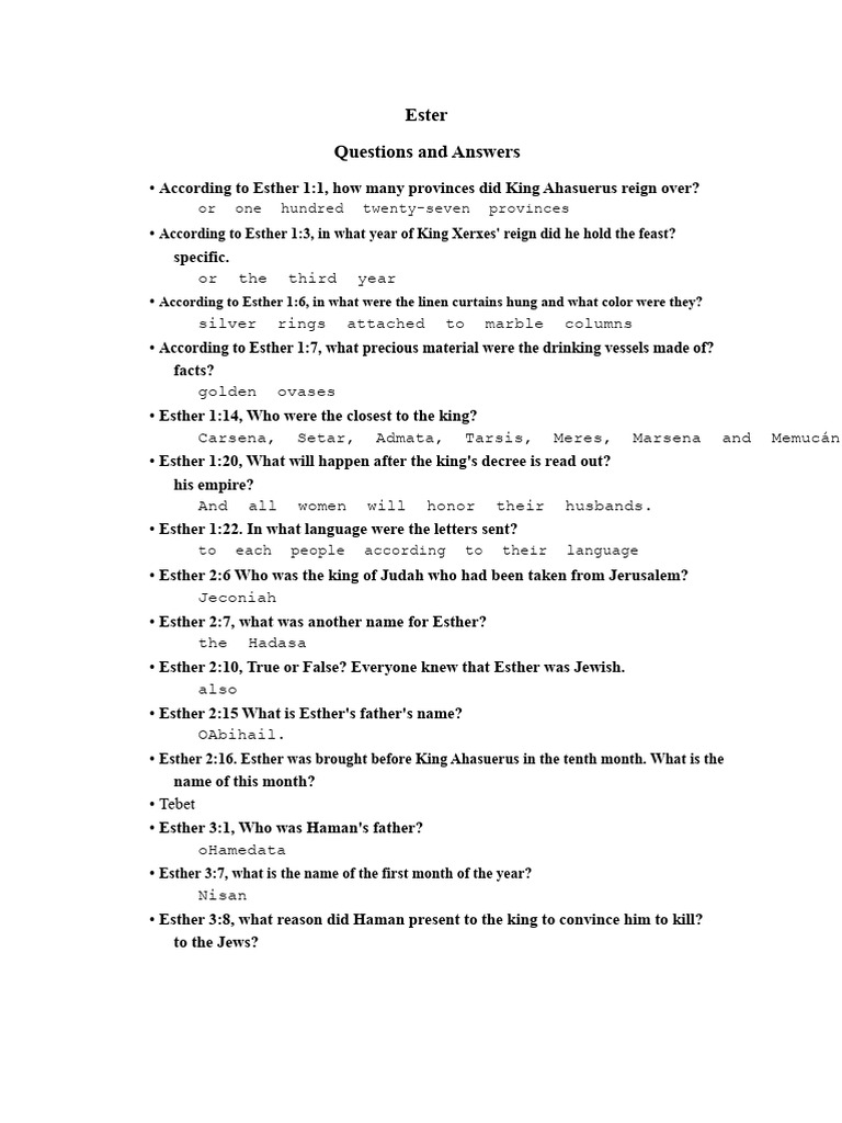 Questions from the Book of Esther | PDF | Esther | Book Of Esther