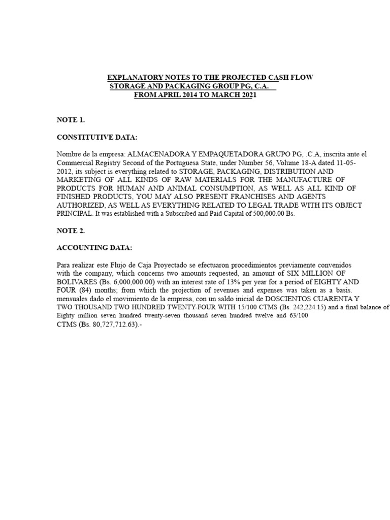 Explanatory Notes to the Projected Cash Flow | PDF | Interest | Money