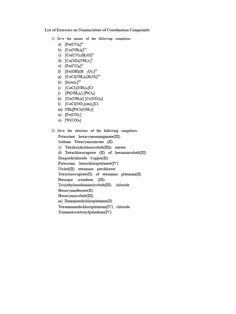 Exercises On Complex Nomenclature | PDF