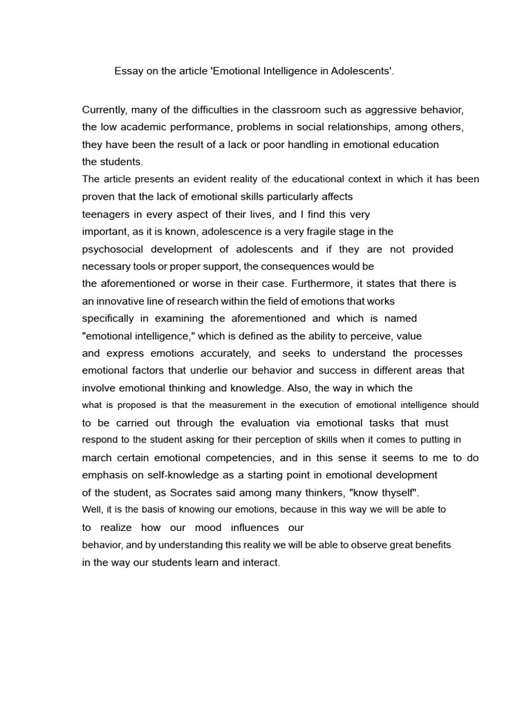 Essay on Emotional Intelligence in Adolescents | PDF