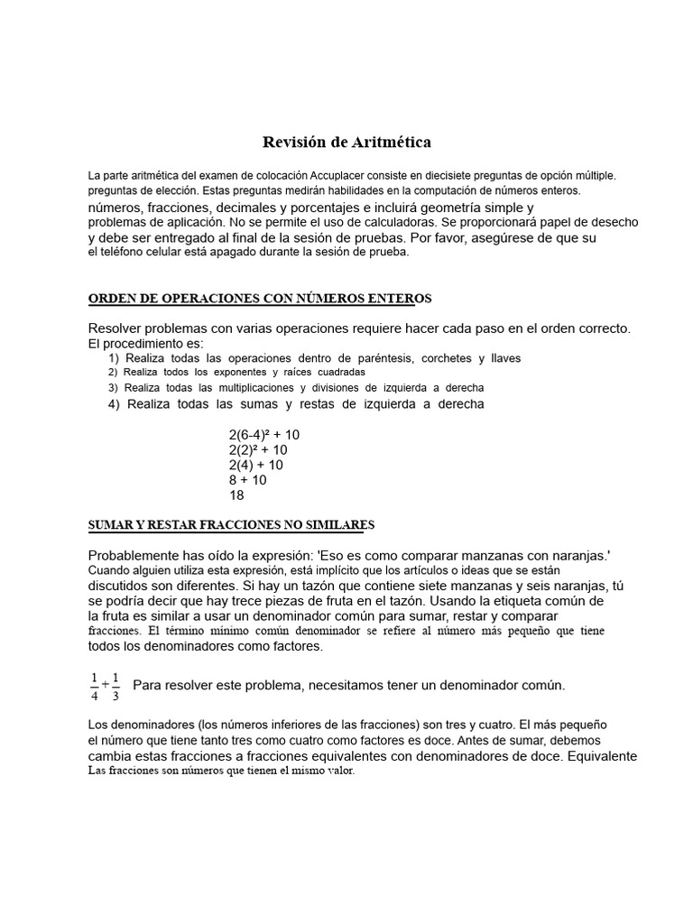 Guía de Aritmética para Examen Accuplacer | PDF | División (Matemáticas ...