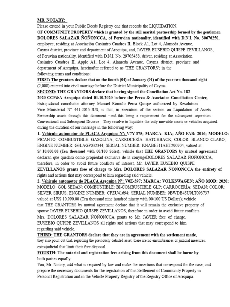 Minute of Liquidation of Community Property and Allocation | PDF ...