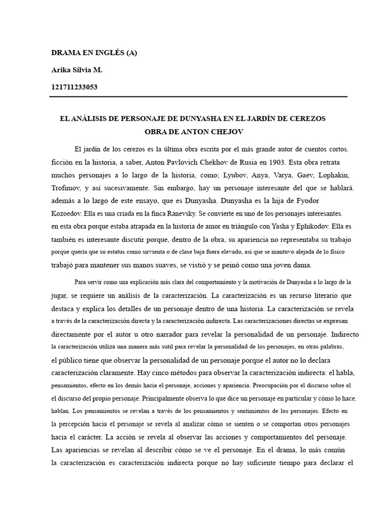 Caracterización de Dunyasha en El Huerto de Cerezas de Anton Chéjov | PDF