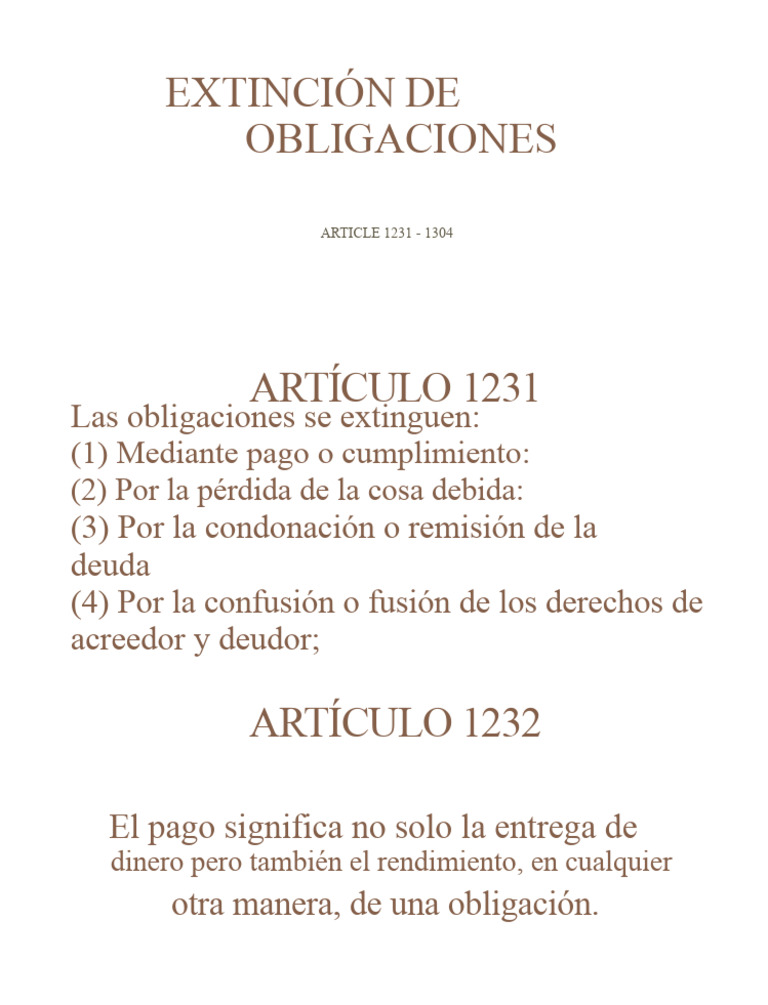 Extinción de Obligaciones: Artículos 1231-1244 | PDF | Pagos | Dinero