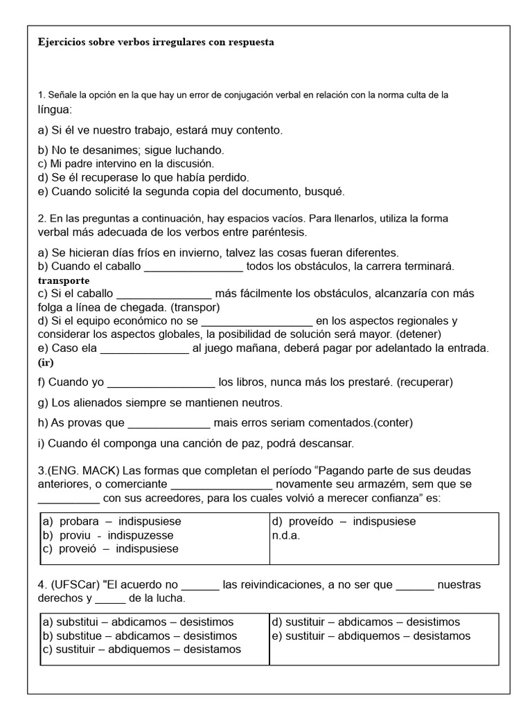 Ejercicios Sobre Verbos Irregulares Con Soluciones | PDF | Verbo ...