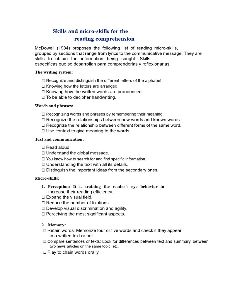 Reading Comprehension Micro-Skills Guide | PDF | Reading Comprehension ...
