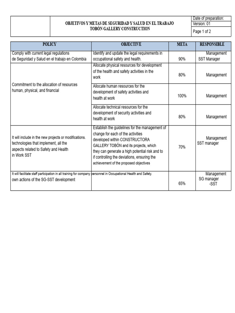 Objectives and goals of the SG-SST | PDF | Occupational Safety And ...