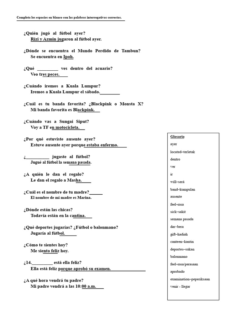 Rellena los espacios en blanco con las palabras interrogativas ...