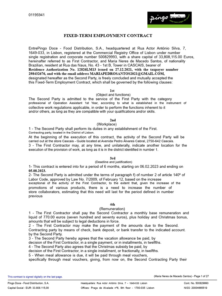01195941 Work Contract(1) | PDF | Employment | Information