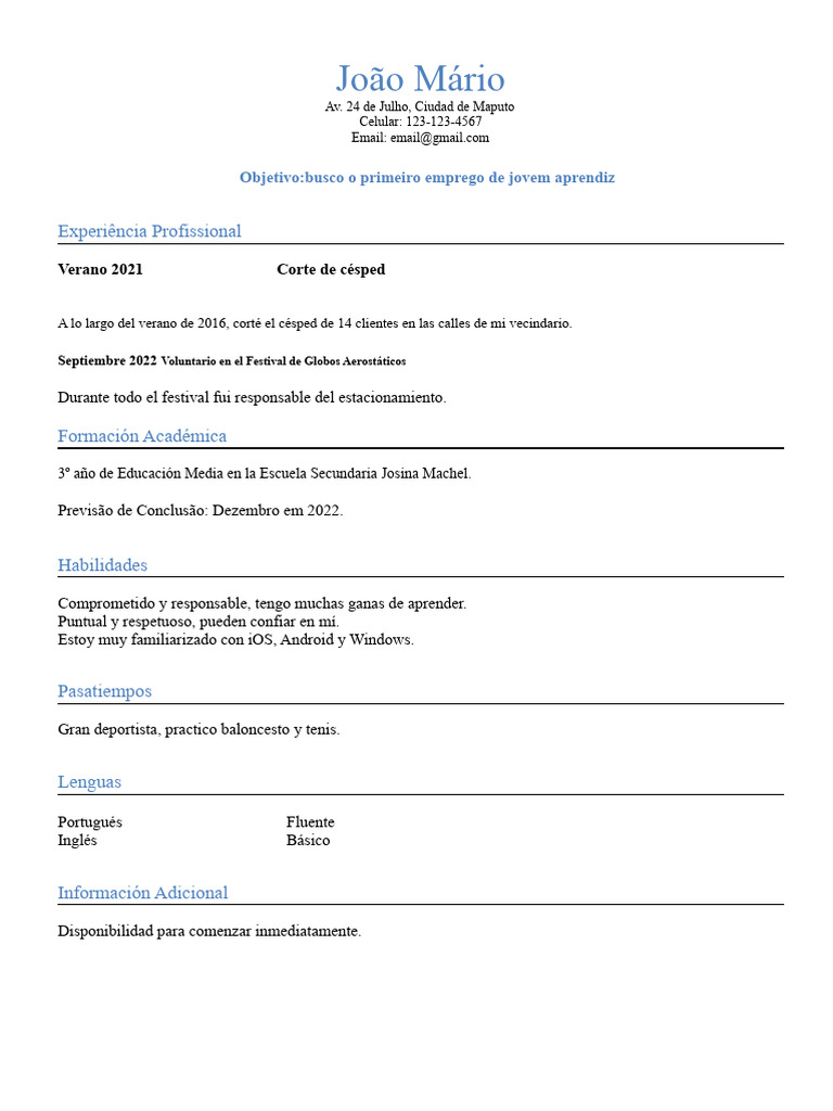 Modelo de Currículum para Estudiante de Educación Secundaria | PDF