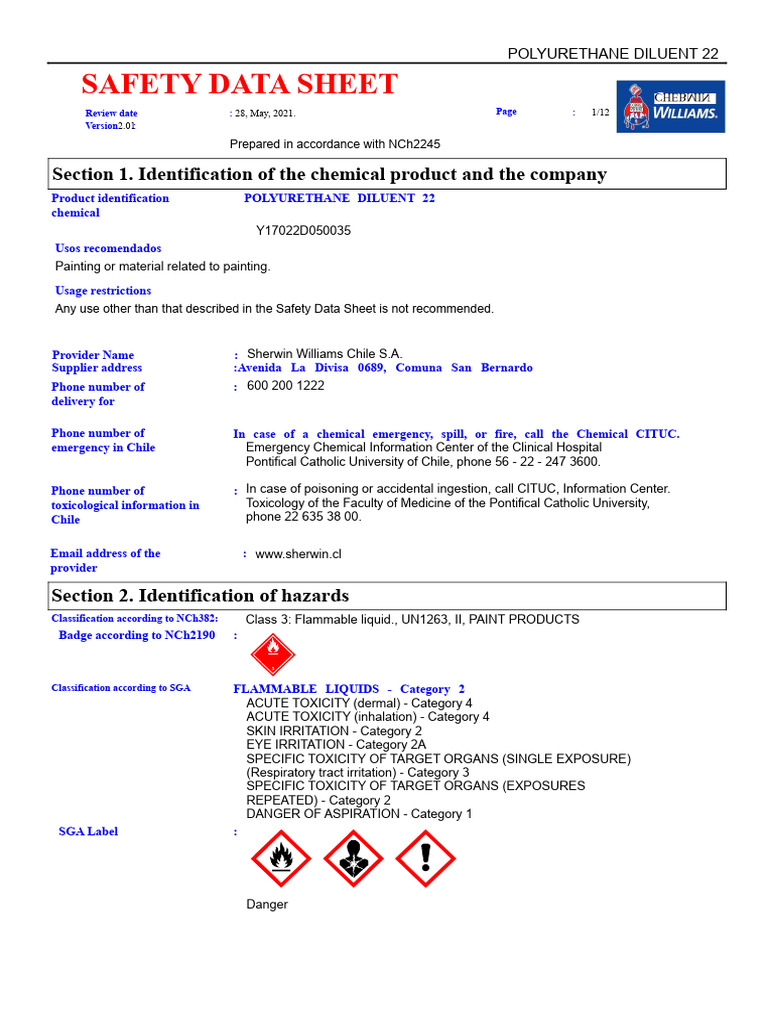 Polyurethane Diluent 22 Safety Data Sheet | PDF | Toxicity | Hazards
