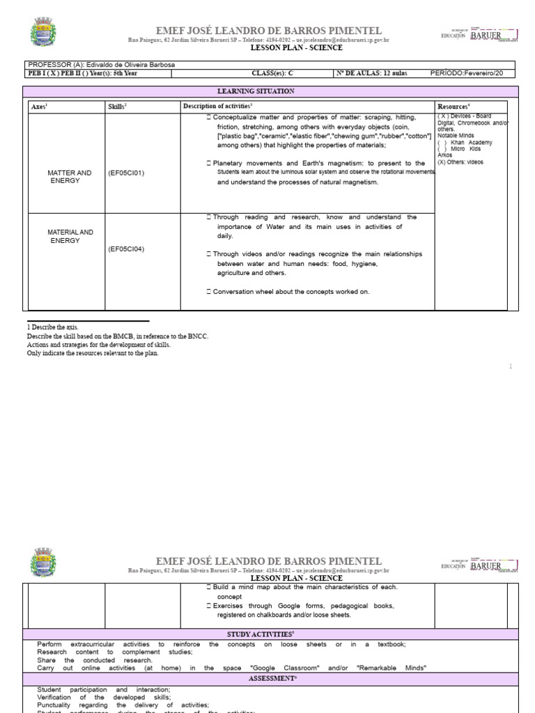 5th Year Science Lesson Plan | PDF | Learning