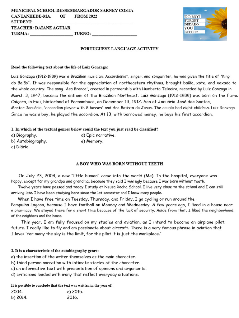 Portuguese Language Activity on Luiz Gonzaga | PDF