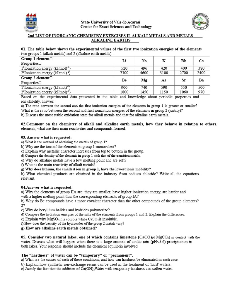 2nd LIST OF INORGANIC CHEMISTRY EXERCISES II_ALKALI METALS AND ALKALINE ...