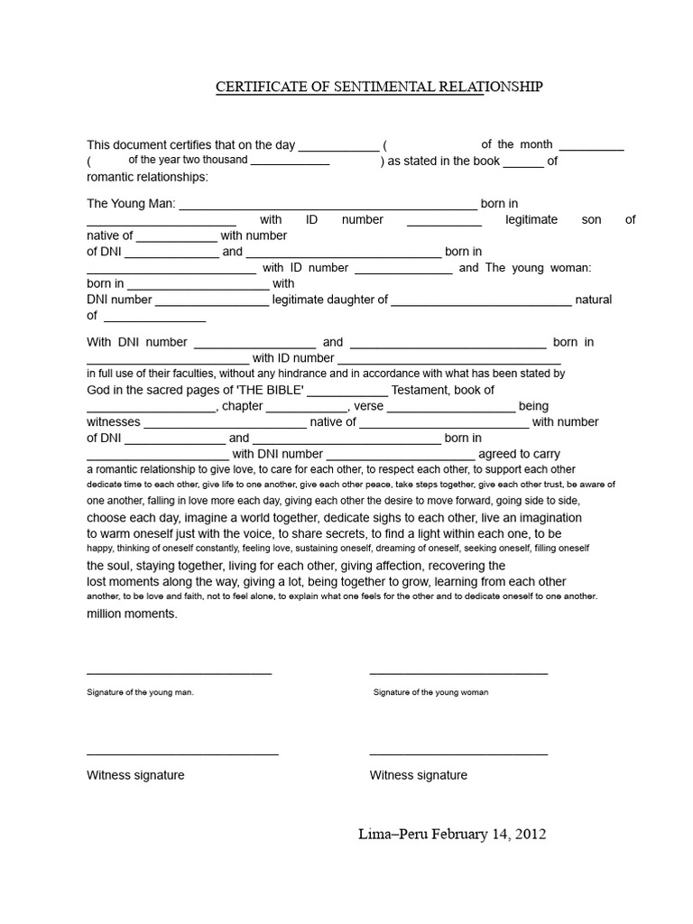 Certificate of Sentimental Relationship | PDF | Love | Religious Belief ...