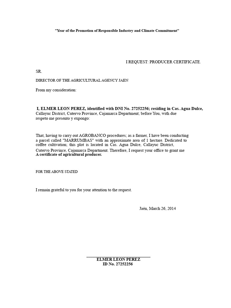 Agricultural Producer Certificate Request | PDF