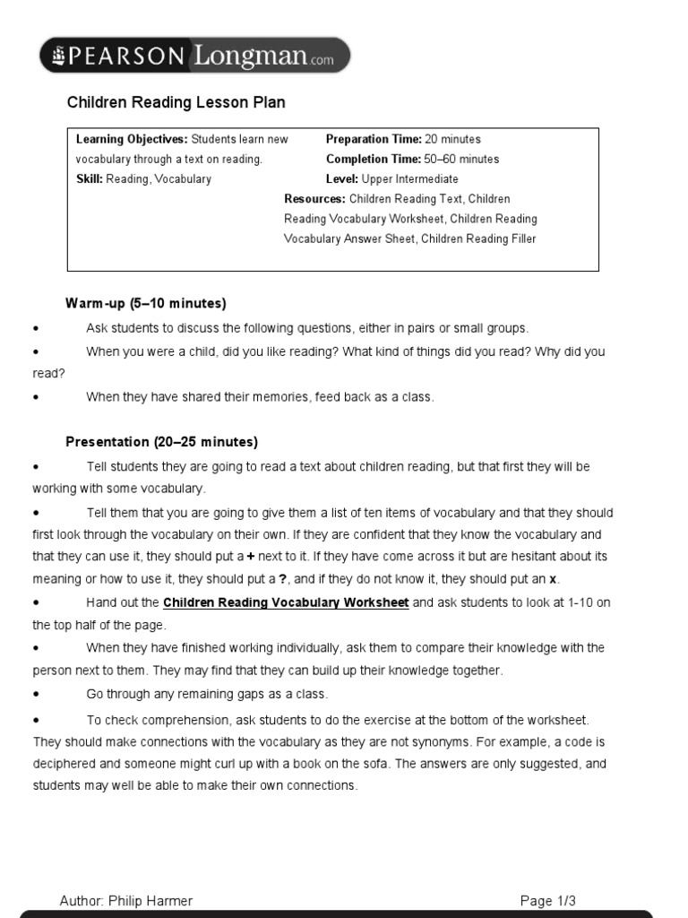 Children Reading Lesson Plan | Vocabulary | Reading Comprehension