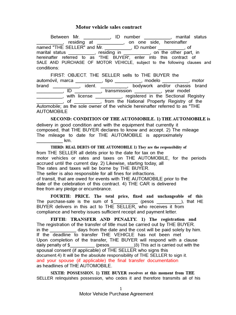 Motor Vehicle Sales Contract Template | PDF | Sales | Car