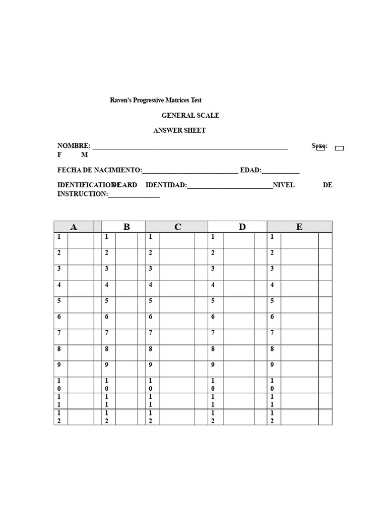 RAVEN Test Answer Sheet | PDF