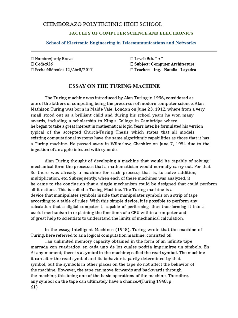 Turing Machine Essay | PDF | Alan Turing | Computer Science