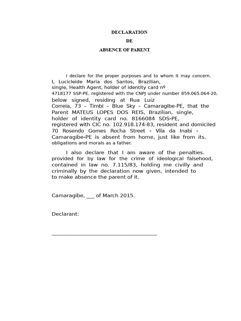 Declaration of Absence of Parent | PDF