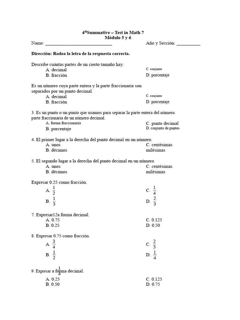 Prueba Sumativa en Matemáticas Módulo 5 y 6 | PDF | Decimal | Aritmética