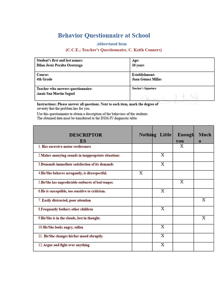 School Behavior Questionnaire Analysis | PDF | Questionnaire ...