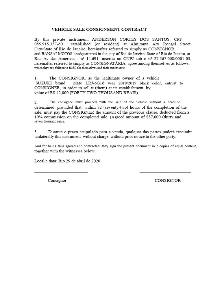 Vehicle Sale Contract On Consignment | PDF