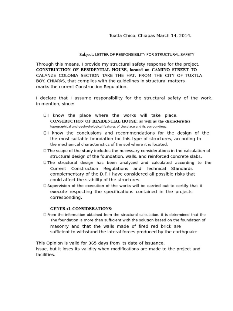 Structural Safety Responsibility Letter | PDF