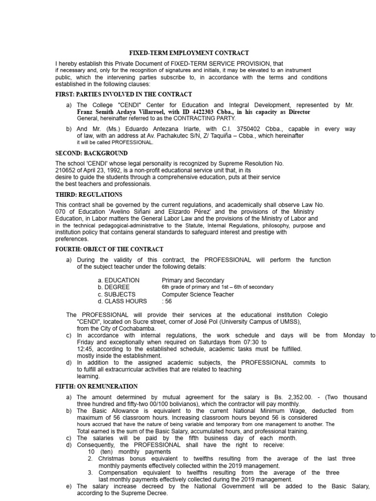 Fixed-Term Employment Contract for Teacher | PDF | Salary | Teachers