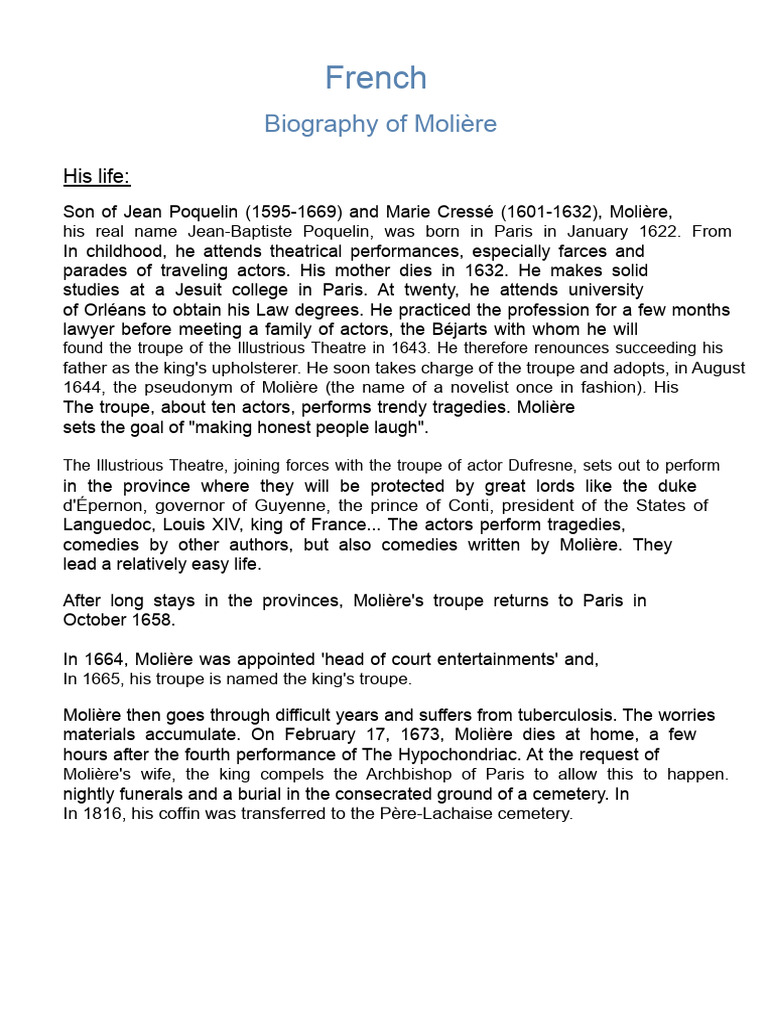 Molière: Life and Works Overview | PDF | Molière | Performing Arts