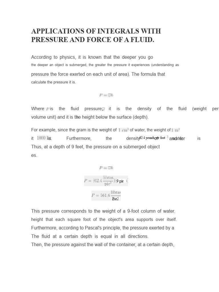TOPIC 6 APPLICATIONS OF INTEGRALS WITH PRESSURE AND FORCE OF A FLUID ...