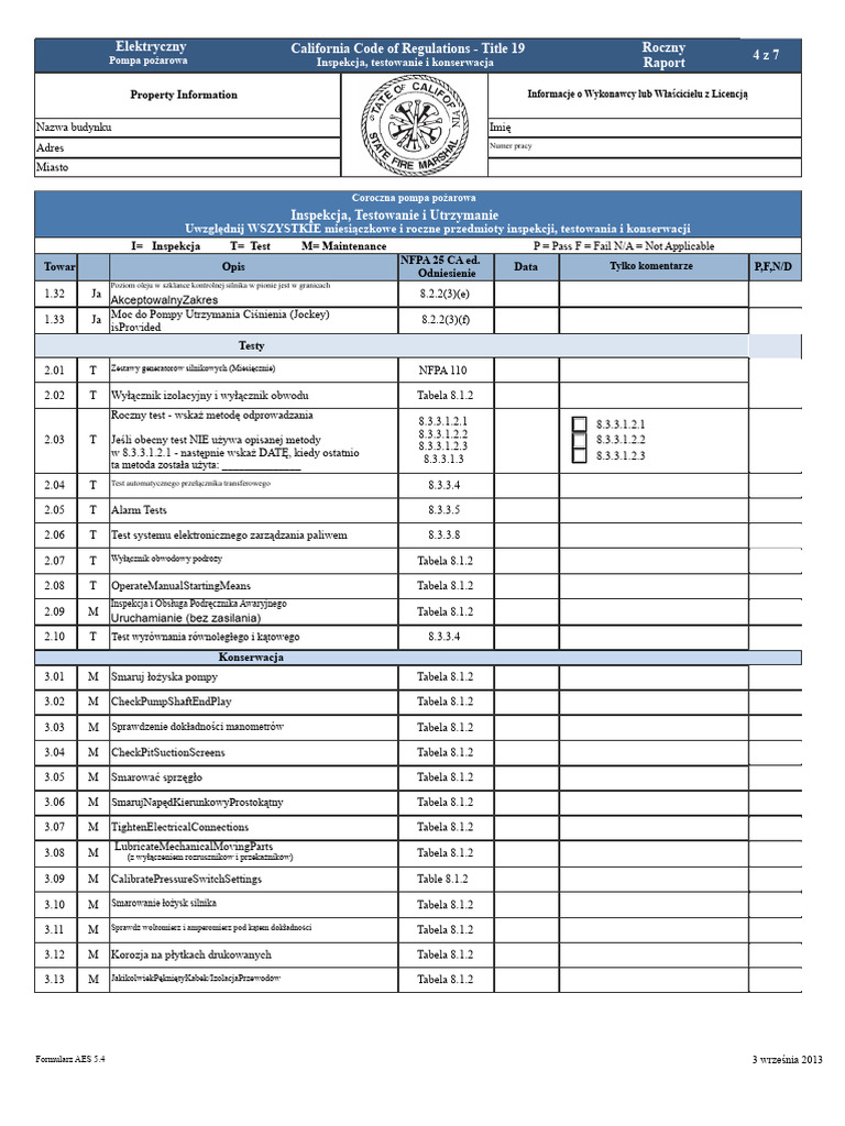 NFPA 25 Formularz AES 5.4 ITM Roczna kontrola elektrycznej pompy ...