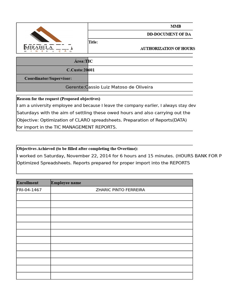 Authorization of Overtime Hours Request | PDF