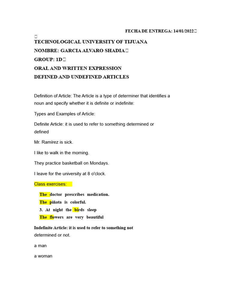 Exercises in Class Definite and Indefinite Articles | PDF | Grammatical ...