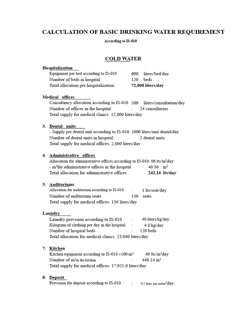 Hospital Water Requirement Calculations | PDF | Water Heating | Litre