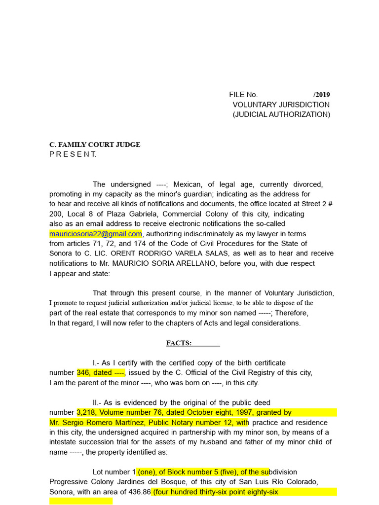 JV FORMAT. (JUDICIAL AUTHORIZATION FOR SALE OF MINOR'S PROPERTY) | PDF ...