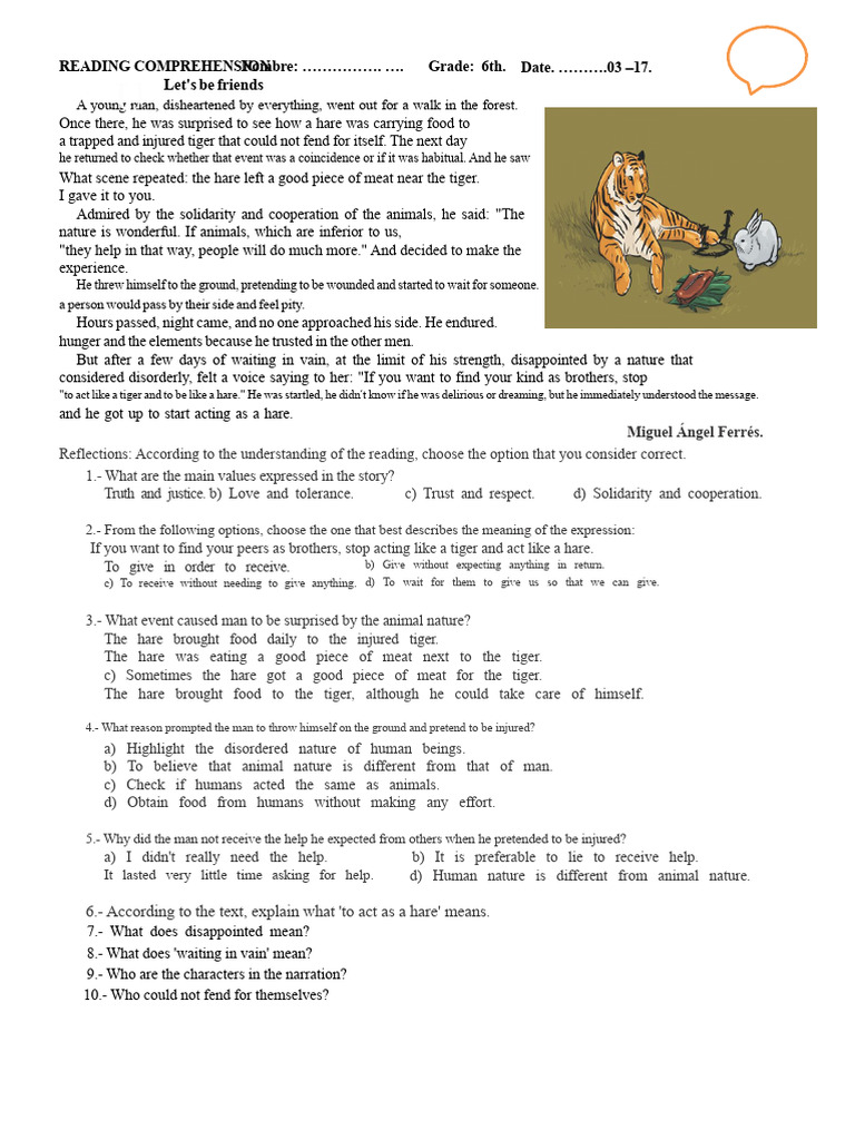 READING COMPREHENSION 1 - 5th grade.docx | PDF