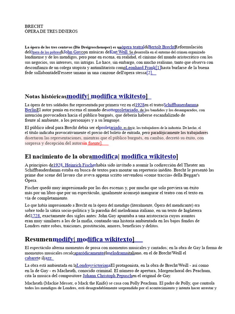 La Ópera de Tres Dineros: Brecht y Weill | PDF