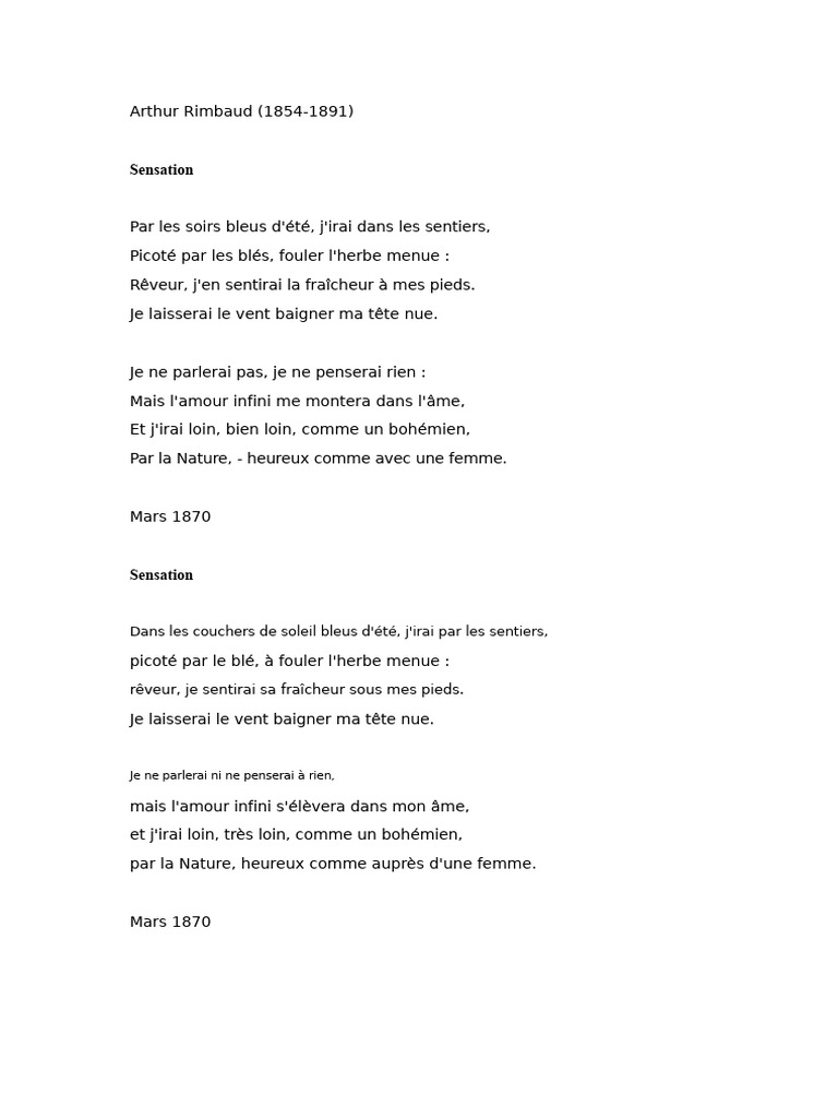 Poème Sensation D Arthur Rimbaud Pdf