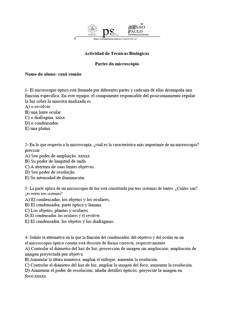 Actividad de Técnicas Biológicas Partes del microscopio óptico | PDF ...
