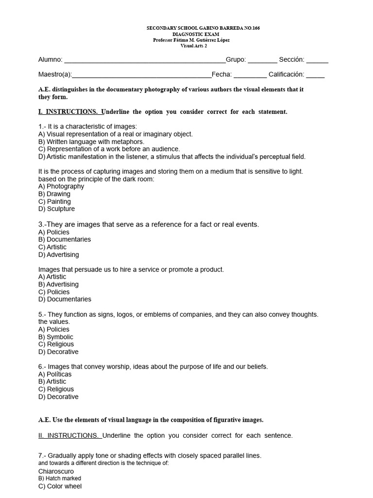 DIAGNOSTIC EXAM ARTS 2ND | PDF | Composition (Visual Arts) | Image
