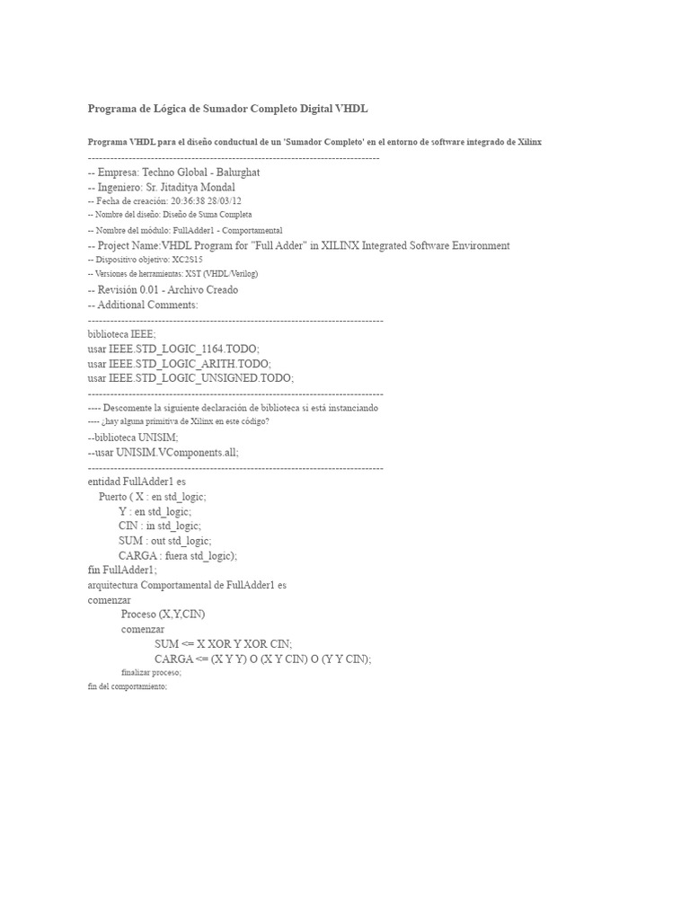 Programa de lógica de sumador completo digital en VHDL utilizando ...