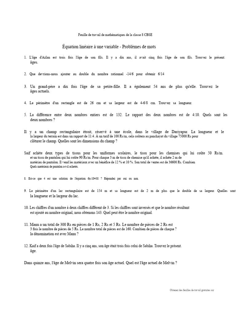 Problèmes de Mots - Feuille de Travail CBSE Classe 8 | PDF | Mathématiques